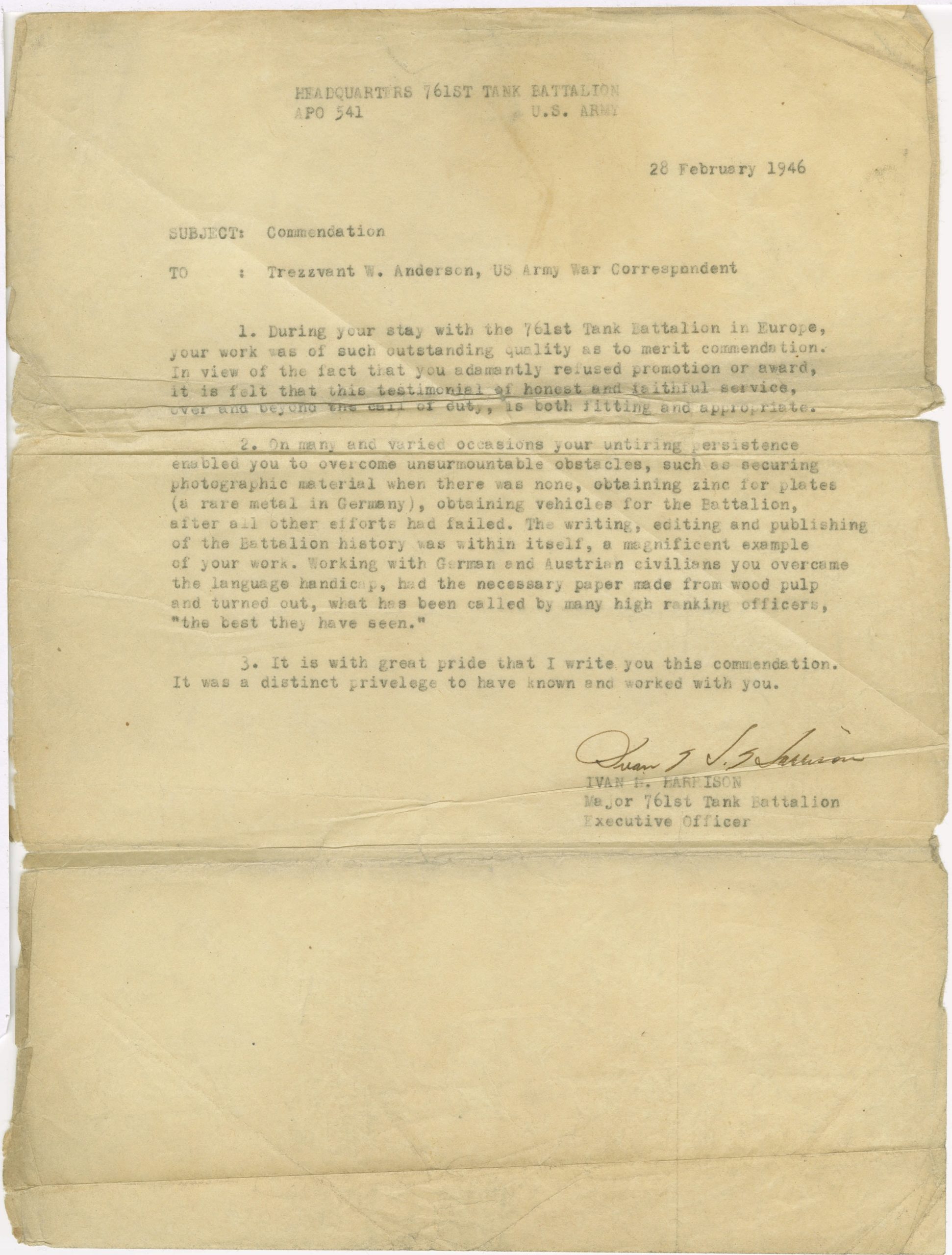 Letter of Commendation to Trezzvant W. Anderson, US Army War ...