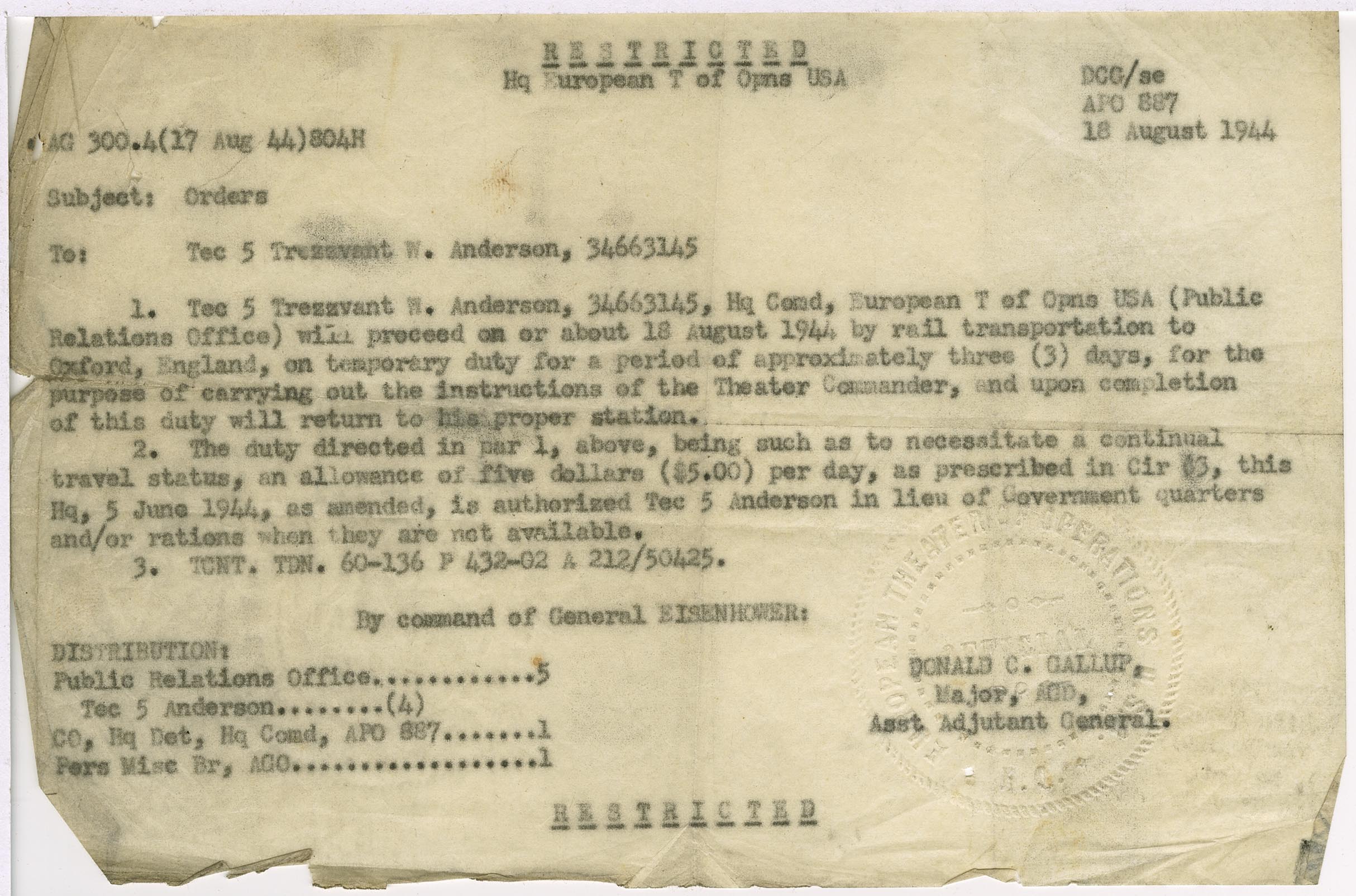 Temporary duty orders for Technician Fifth Grade Trezzvant W. Anderson ...